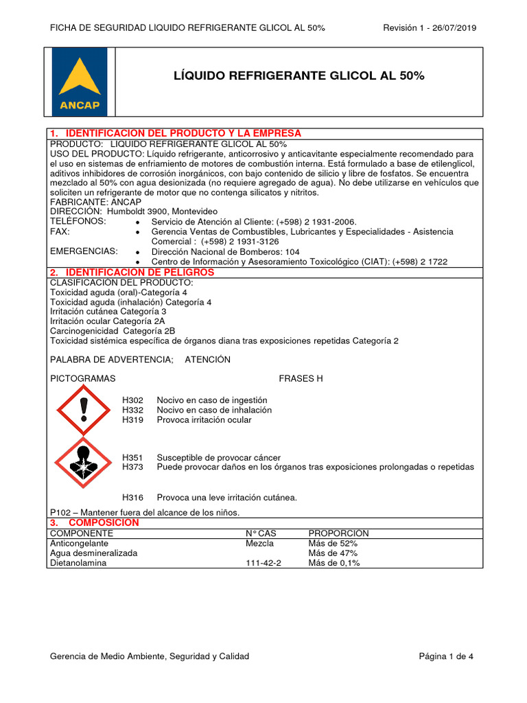 Ficha de Seguridad Glicol Refrigerante 50% | PDF | Agua | Refrigerante