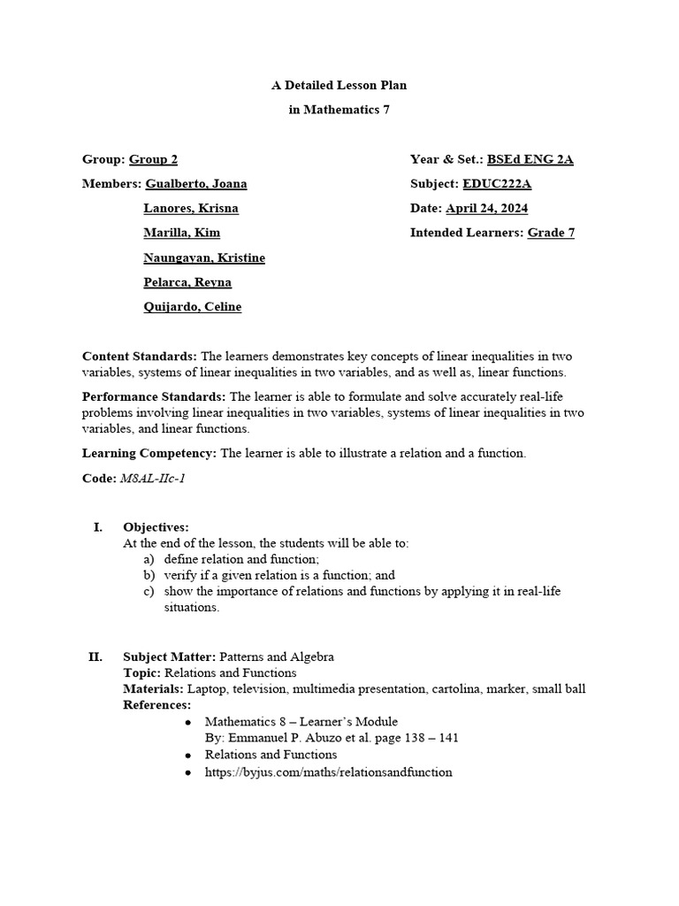 Grade 7 Lesson Plan: Relations & Functions | PDF | Function ...