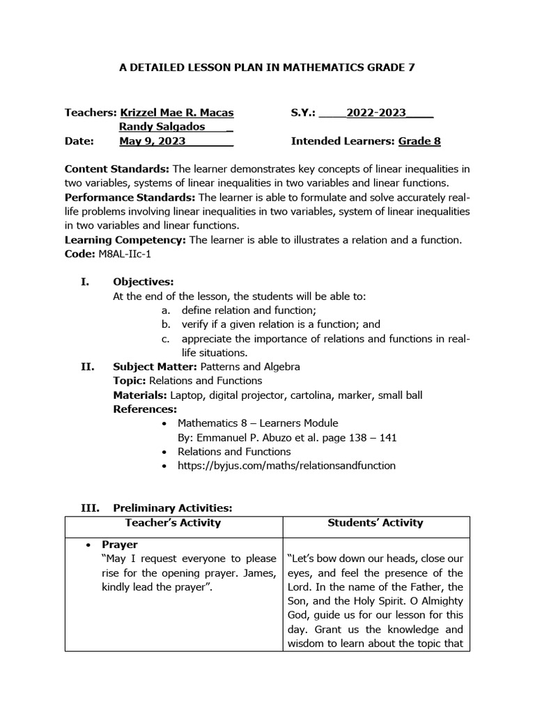 Grade 7 Math Lesson Plan: Relations & Functions | PDF | Function ...