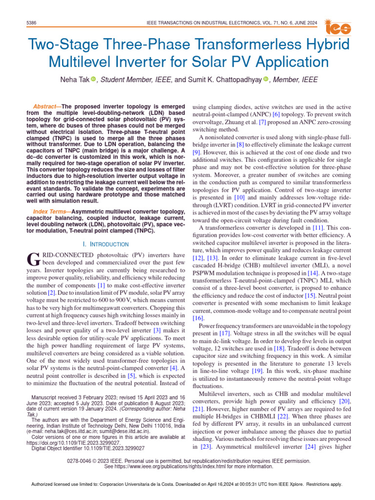 Two-Stage Three-Phase Transformerless Hybrid Multilevel Inverter For Solar PV Application | PDF ...