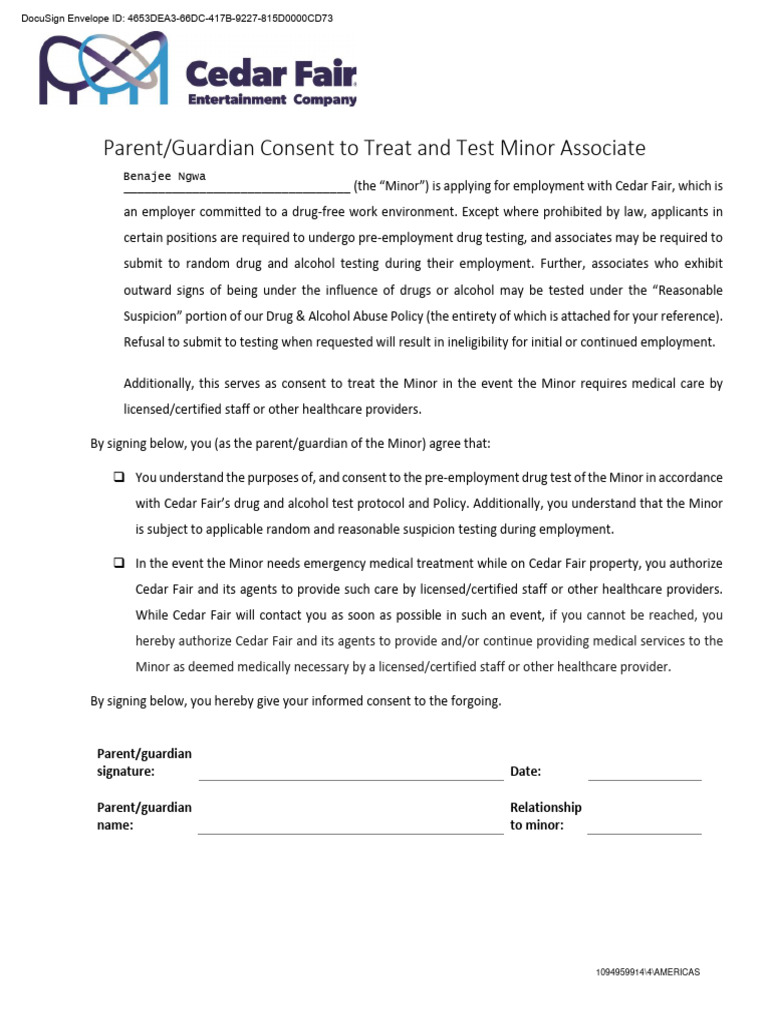 Kings Dominion Parental Consent To Test and | Download Free PDF ...