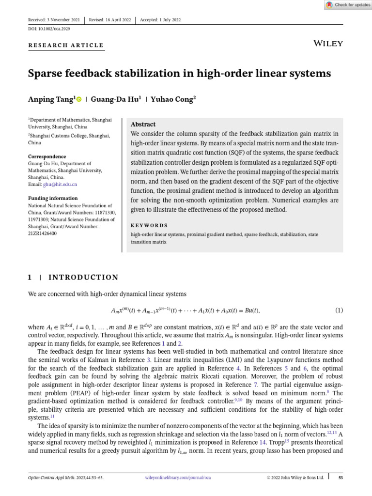 Optim Control Appl Methods - 2022 - Tang - Sparse Feedback Stabilization in High Order Linear ...