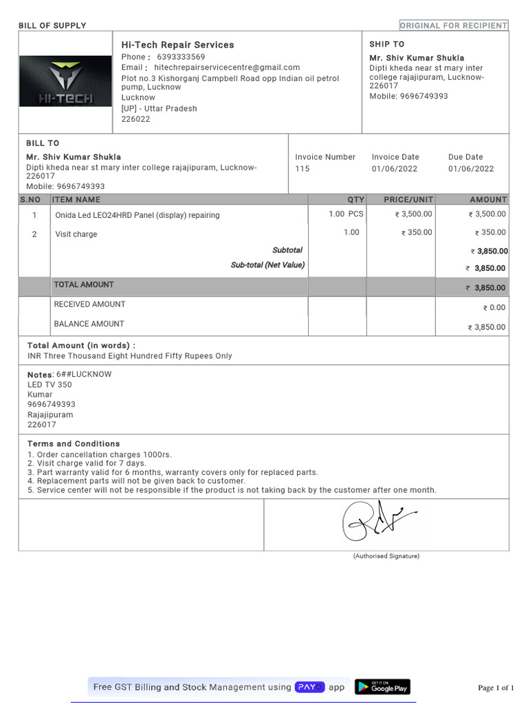 Invoice for LED Repair Services | PDF
