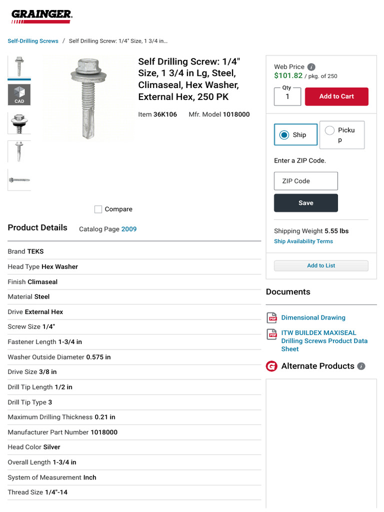 1 - 4 - Size, 1 3 - 4 in LG, Self Drilling Screw - 36K106 - 1018000 ...