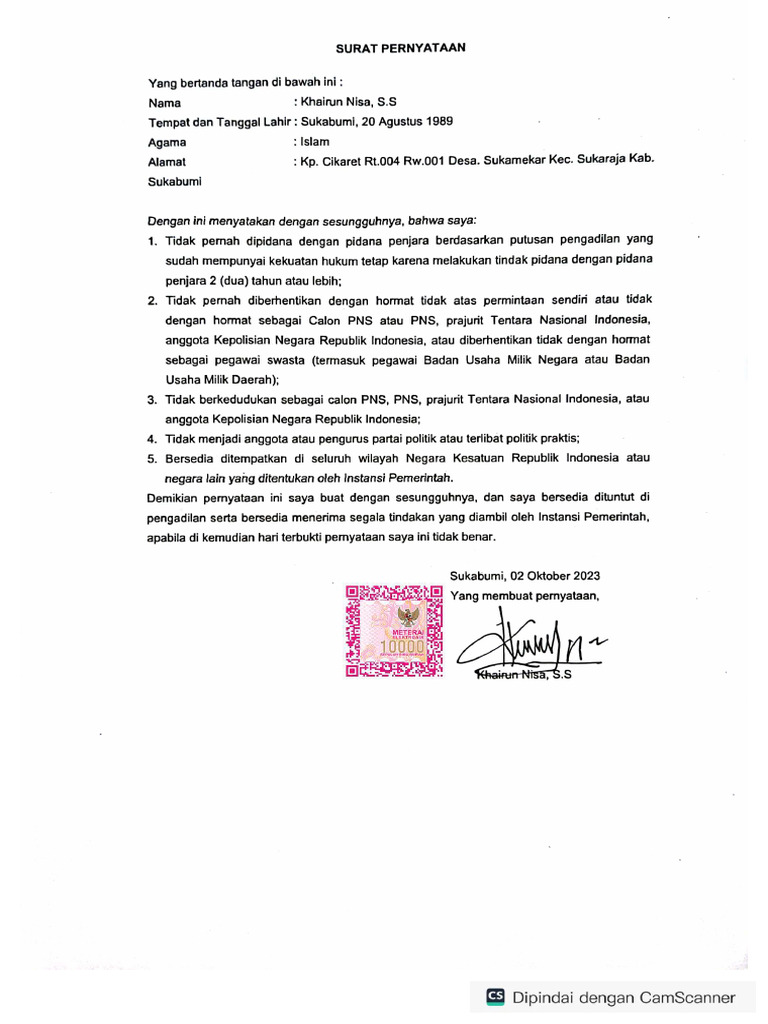 surat pernyataan e materai | PDF