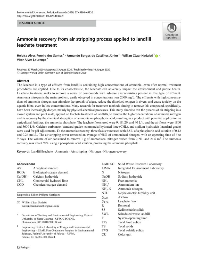 Ammonia recovery from air stripping process applied to landfill | PDF ...