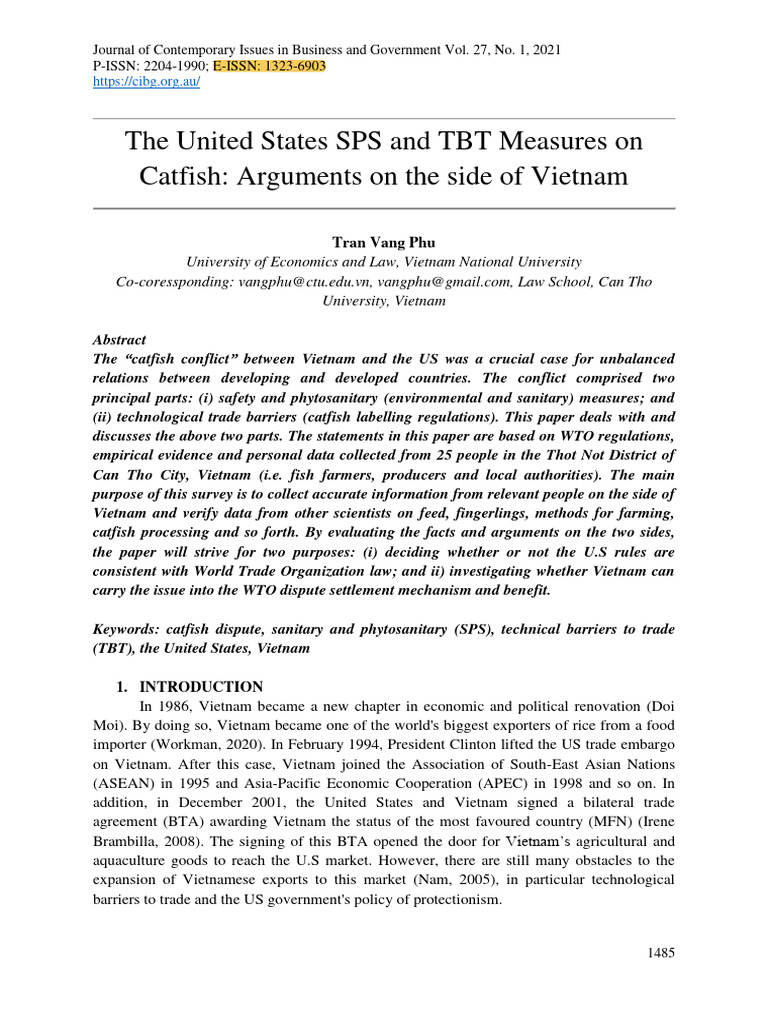 The United States SPS and TBT Measures On Catfish - Arguments On The ...