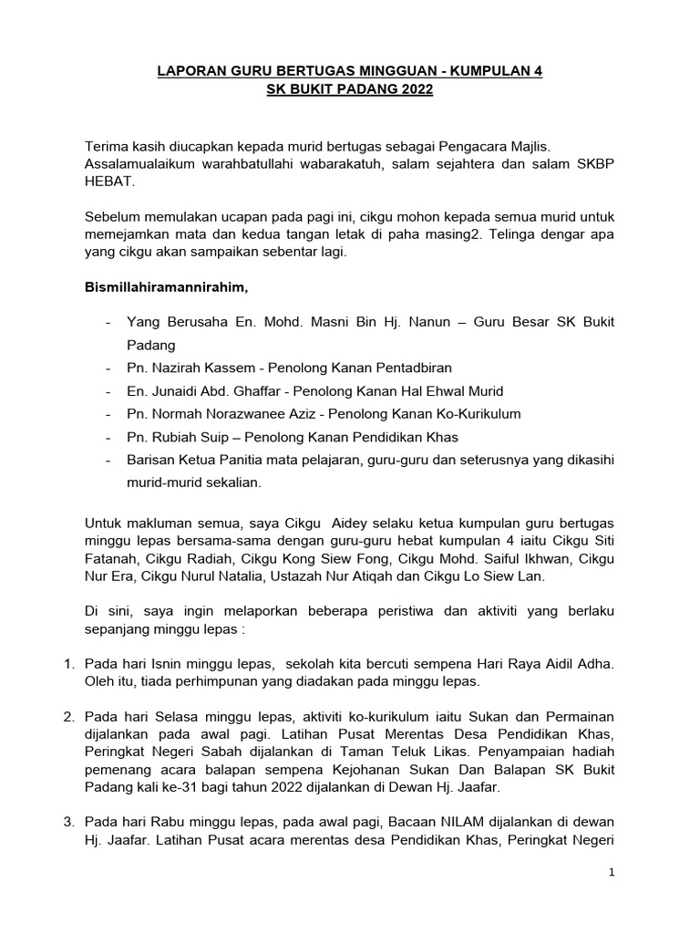 Teks Ucapan Laporan Guru Bertugas Mingguan | PDF