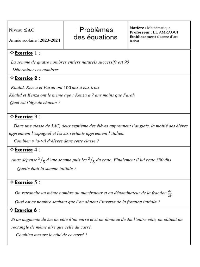Exercices d'équations et inéquations 3AC | PDF | Mathématiques ...