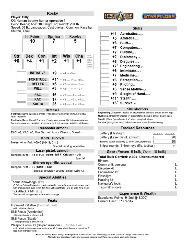 Rocky - Standard Character Sheet | PDF