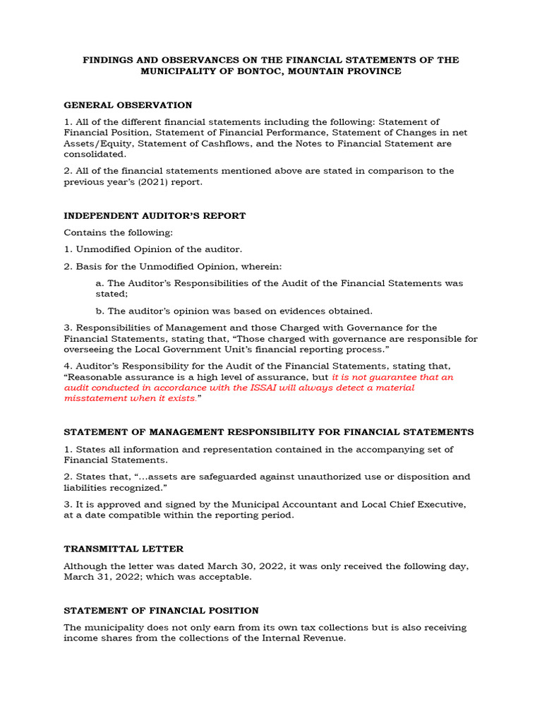 Findings and Observances On The Financial Statements of The ...