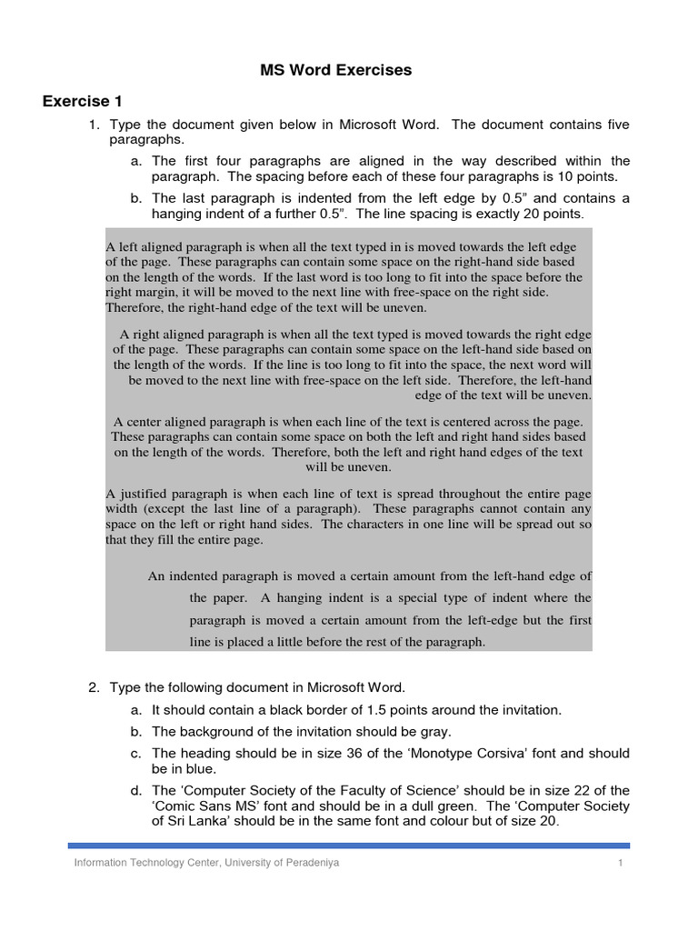 MS Word Exercises - 1 | PDF | Computer Data Storage | Central ...