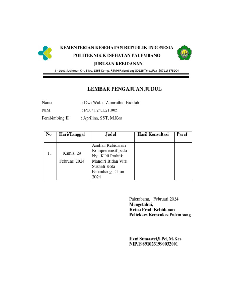 LEMBAR PENGAJUAN JUDUL - DWI WULANZFrevisi | PDF