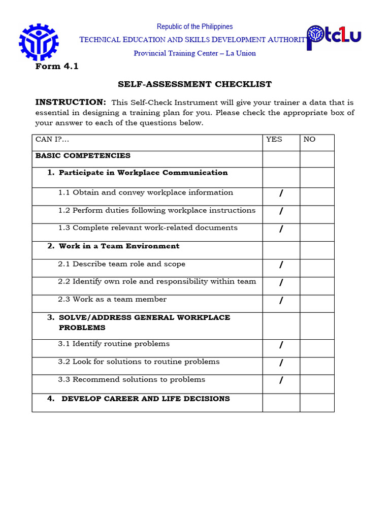 2 Form 4 1 Self Assessment Checklist | PDF | Occupational Safety And Health