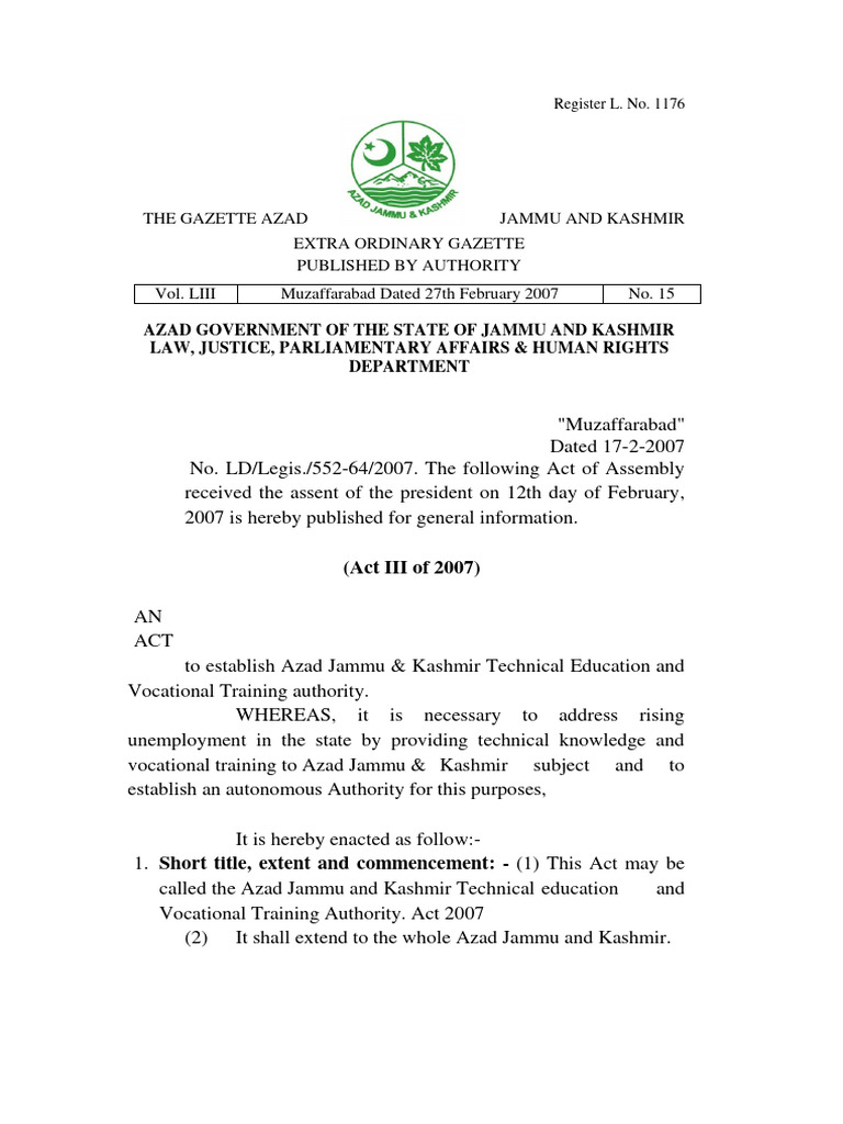 AJK TEVTA Act 2007 | Download Free PDF | Government | Justice