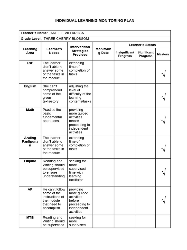Individual Learning Monitoring Plan | PDF | Learning | Cognitive Science