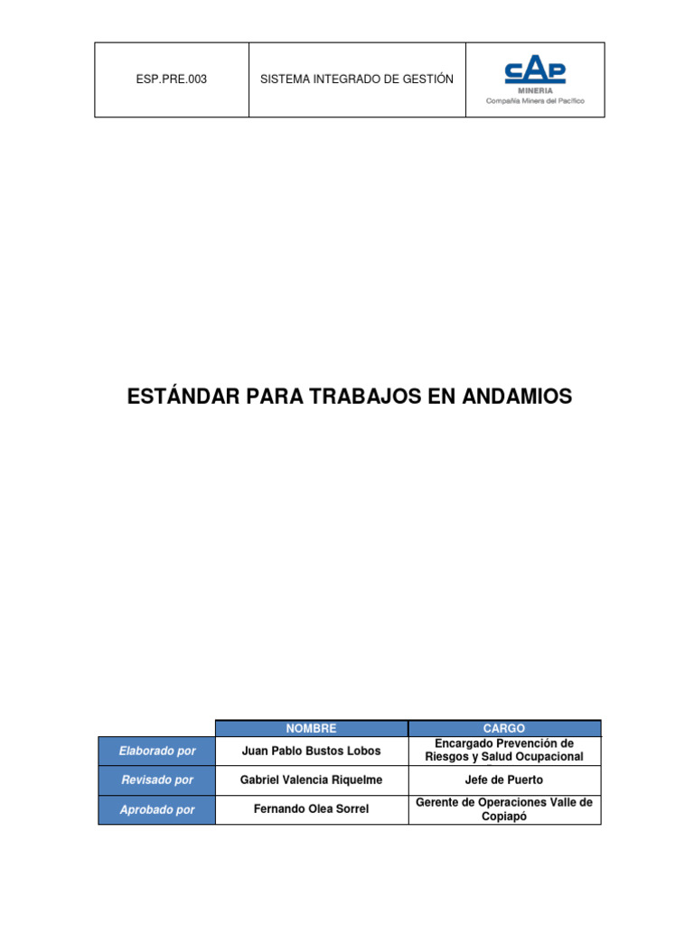 ESP - PRE.003 Estándar para Trabajos en Andamios Rev.0 | PDF | Andamio | Seguridad y salud ...