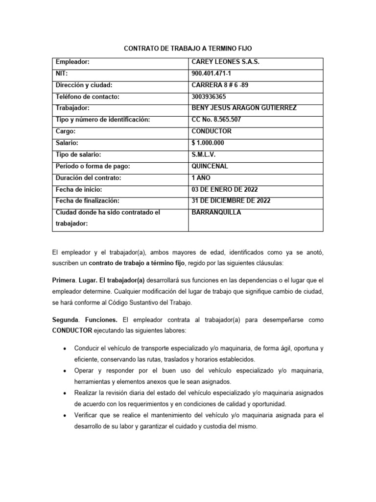 Modelo de Contrato A Termino Fijo | PDF | Derecho laboral | Salario