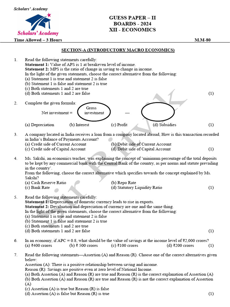 XII Economics Guess Paper - 2 | PDF | Consumption (Economics) | Investing