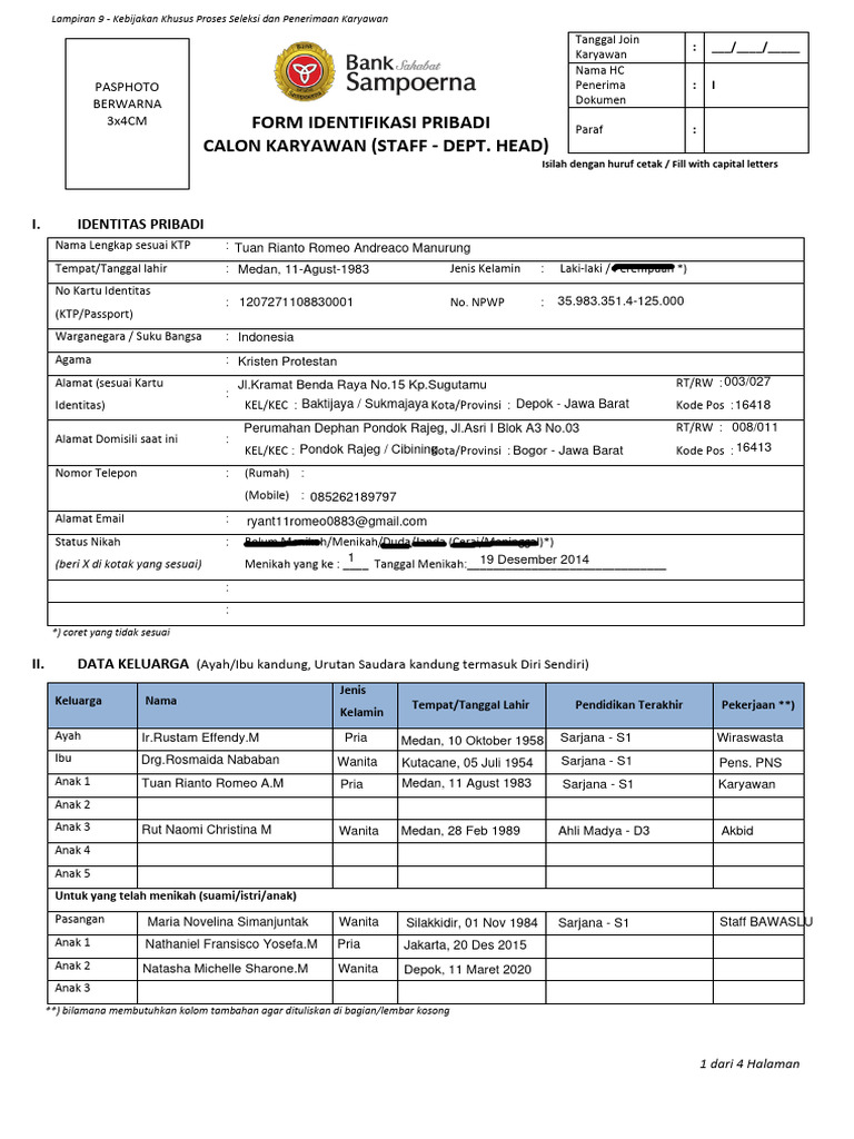 Lampiran 9 - FORM IDENTIFIKASI PRIBADI CALON KARYAWAN Staff-Dept Head | PDF
