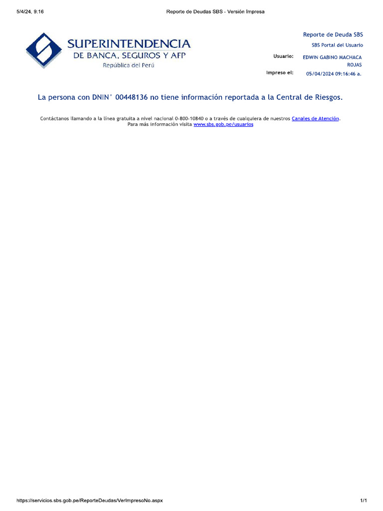 Edwin - Machaca - Reporte de Deudas SBS - Versión Impresa | PDF