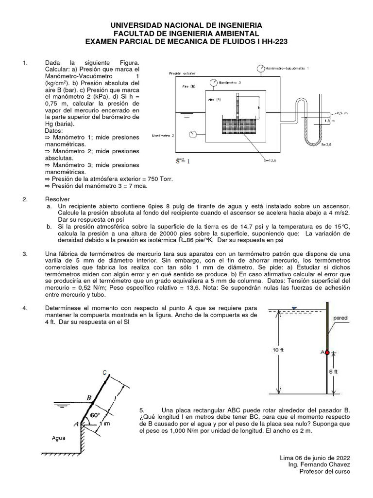 Examen Parcial Mecanica de Fluidos I | PDF | Presión | Medida de presión