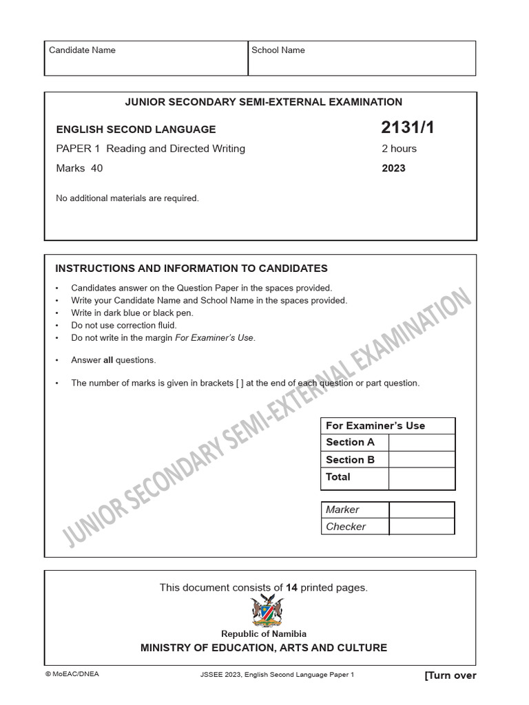 Examina Tion: Junior Secondary Semi-External Examination English Second ...