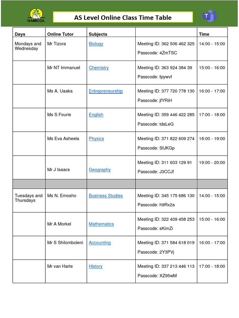 As Level Online Class Time Table 2024 | PDF