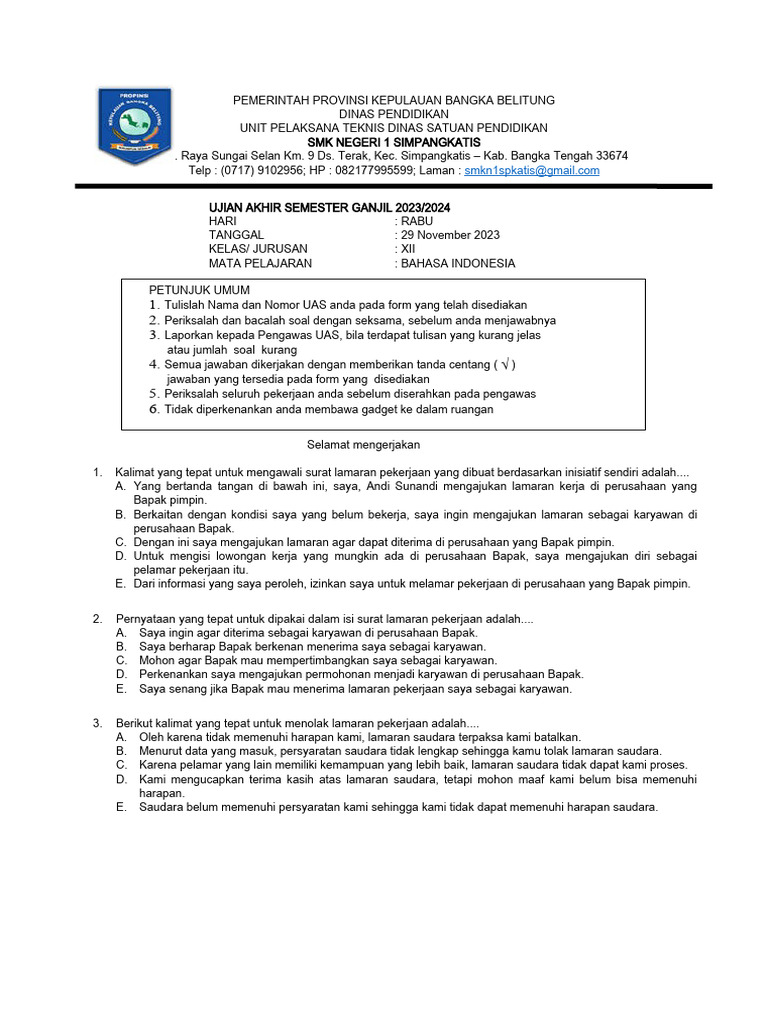 Soal Pas Bahasa Indonesia Kelas Xii Ganjil | PDF