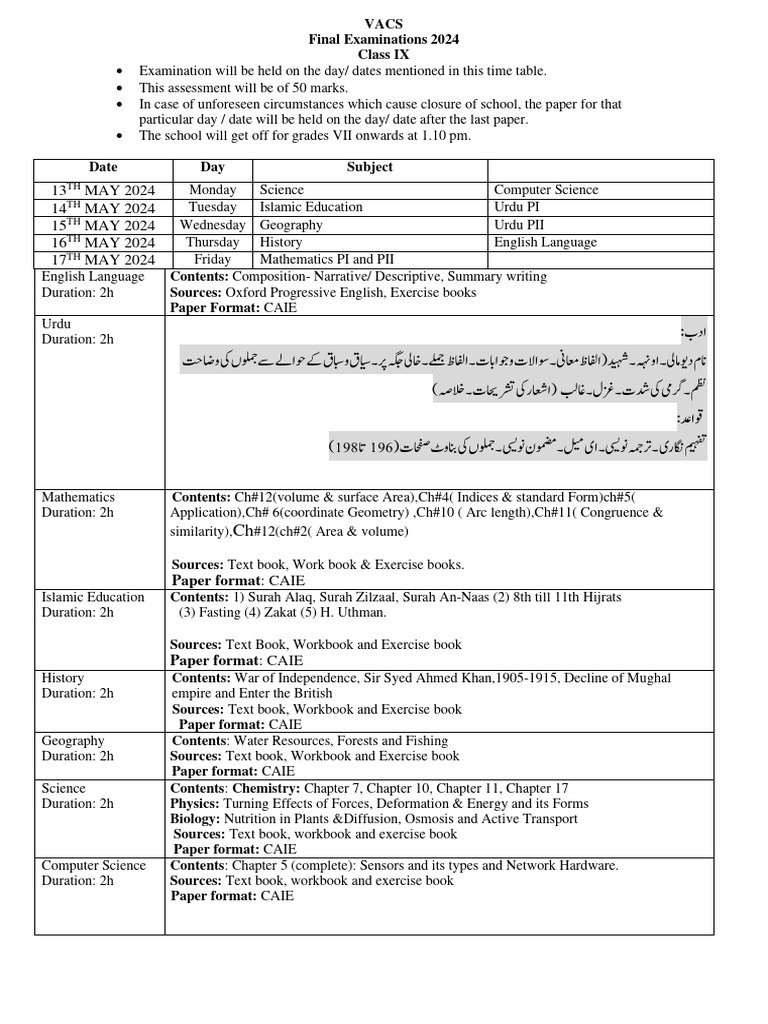Class 9 Final Examination Syllabus 2024 | PDF | Books