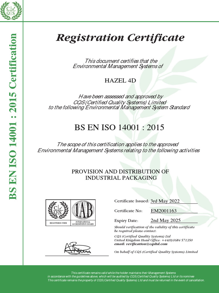 Hazel 4D ISO 14001 2015 Electronic Certificate | PDF | Quality Management System