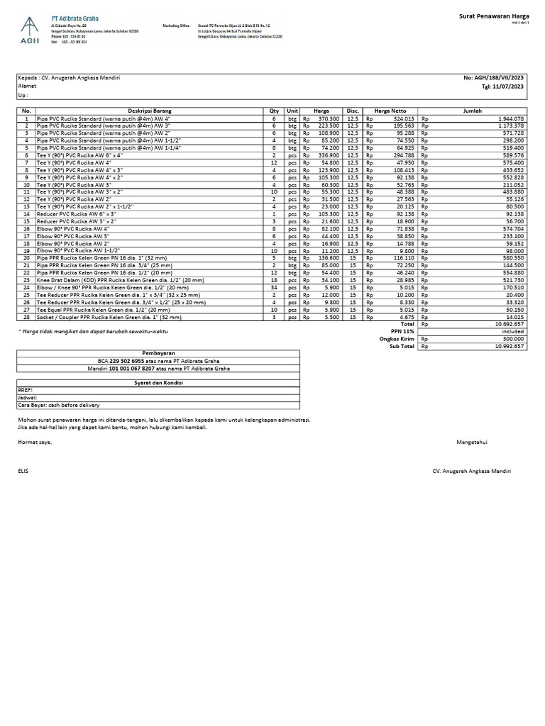 Penawaran CV. Anugerah Angkasa Mandiri | PDF