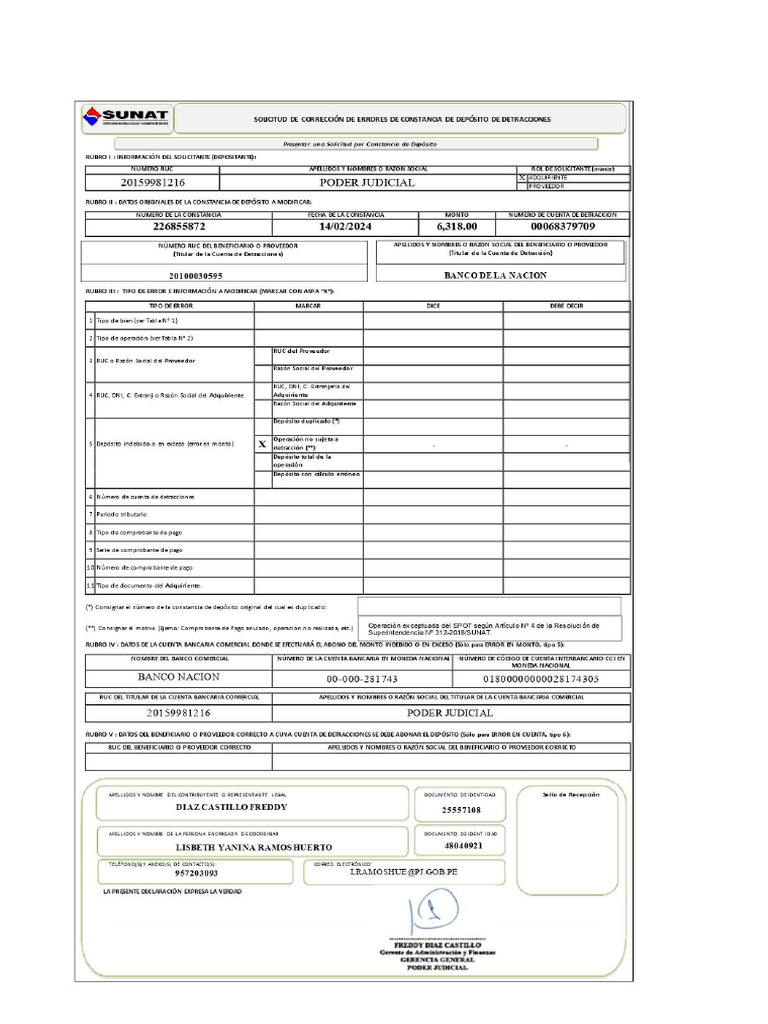 Solicitud de Correccion de Errores de Constancia de Deposito de Detraccion F224-614 | PDF