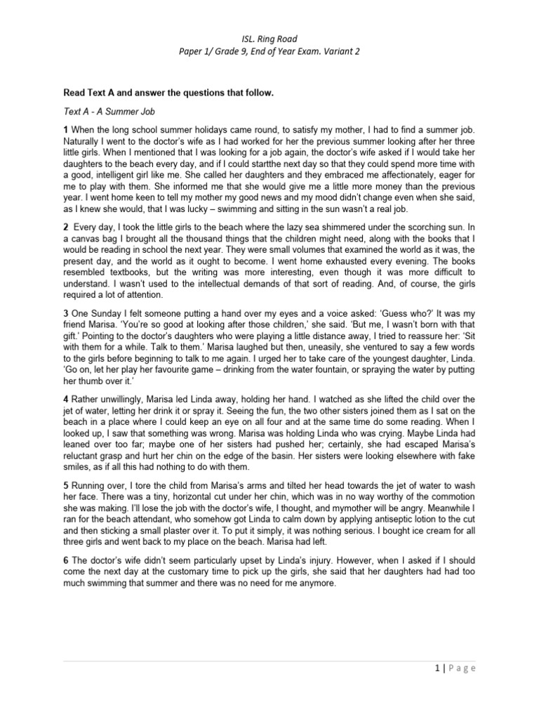 English Language Paper 1 May Exam ISL Grade 9 Variant 2 | PDF | Salt ...