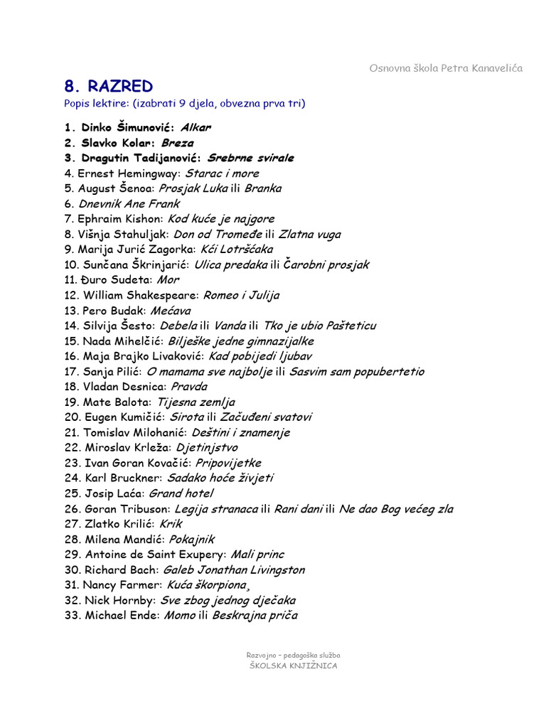 8 Razred - Popis Lektire | PDF