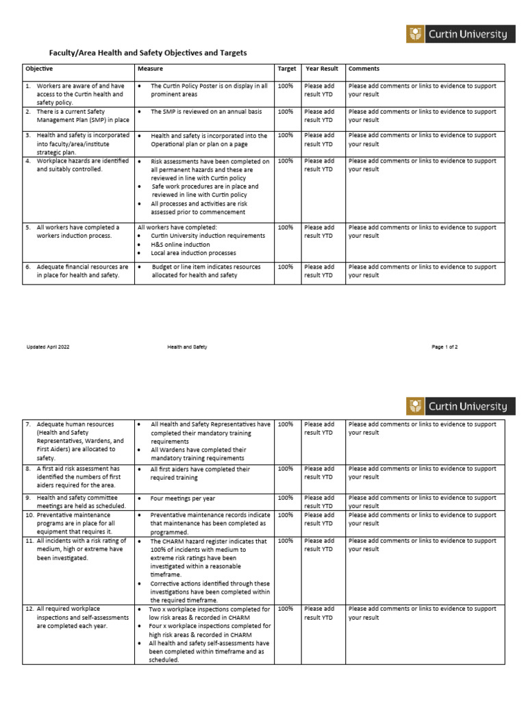 Objectives Targets Template | PDF | Occupational Safety And Health | Risk