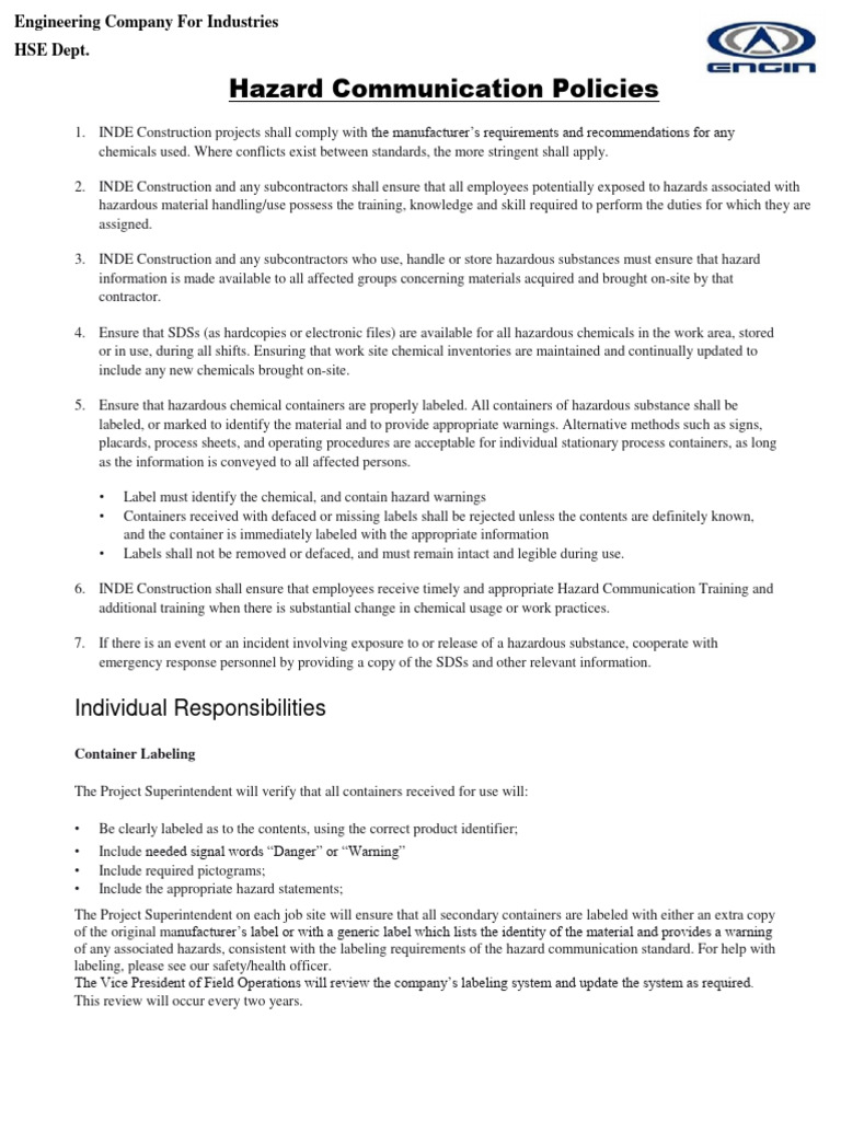 Hazard Communication Policy | PDF | Hazards | Dangerous Goods