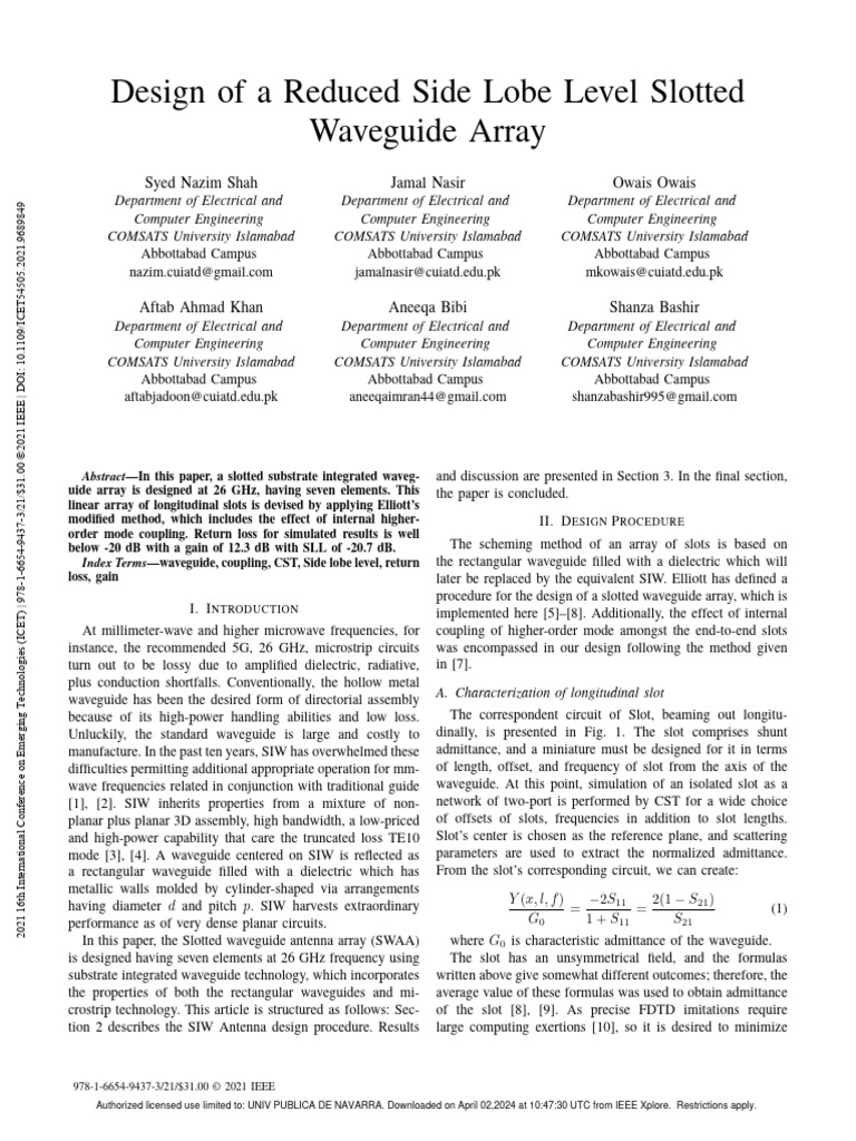 Design of A Reduced Side Lobe Level Slotted Waveguide Array | PDF | Electrodynamics | Electrical ...