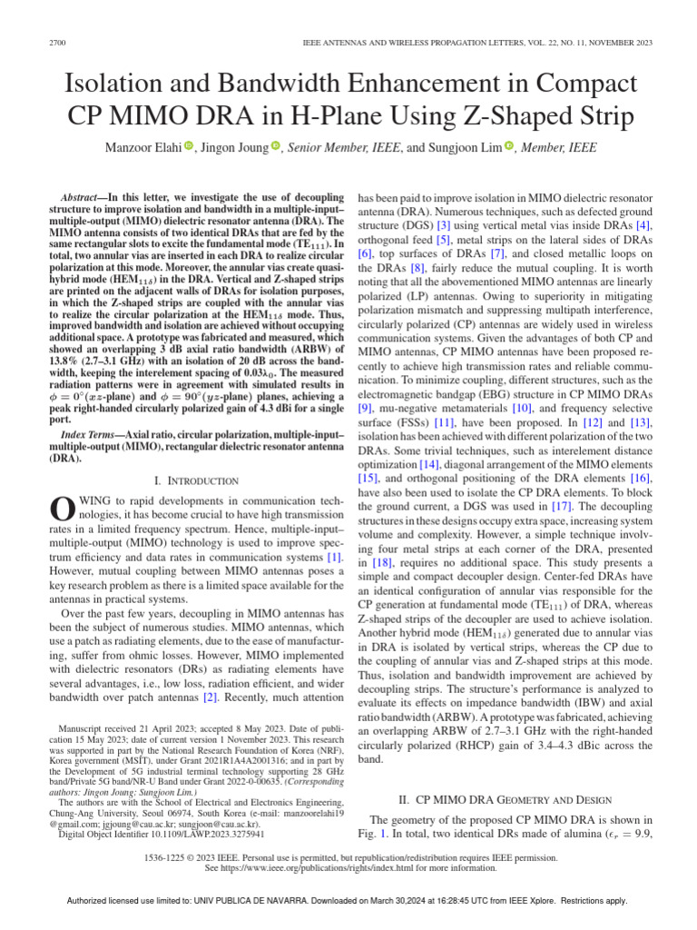Isolation and Bandwidth Enhancement in Compact CP MIMO DRA in H-Plane Using Z-Shaped Strip | PDF ...