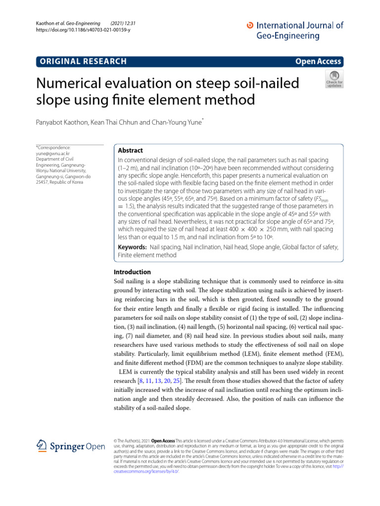 Numerical Evaluation On Steep Soil Nailed | Download Free PDF | Slope | Geotechnical Engineering
