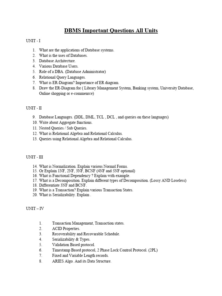 DBMS Important Questions All Units | PDF