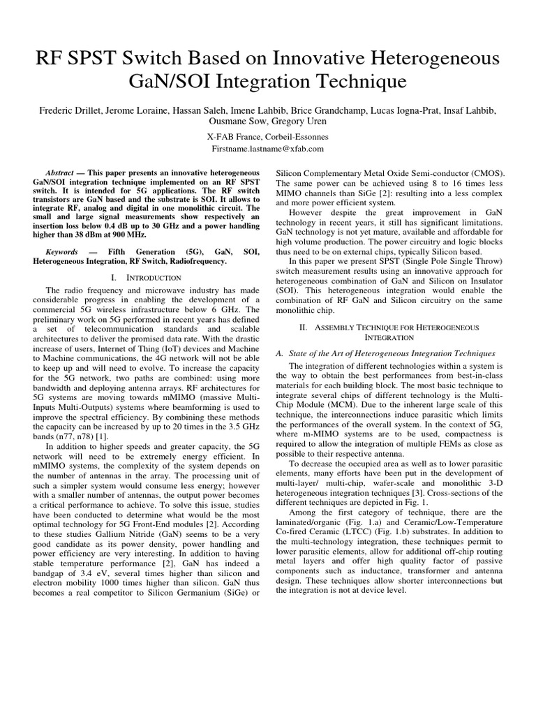 Rf Spst Switch Based On Innov Heterogeneous Gan Soi Integration