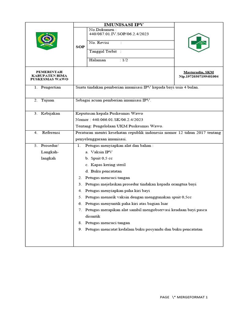 SOP Imunisasi IPV Bayi | PDF