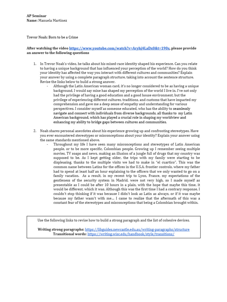 MANUELA MARTINEZ - Paragraph Structure - Trevor Noah's Born To Be A ...