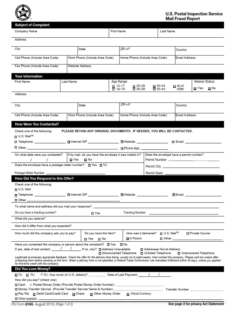 United States Inspection Service Mail Fraud Report-Fillable Fix | PDF ...