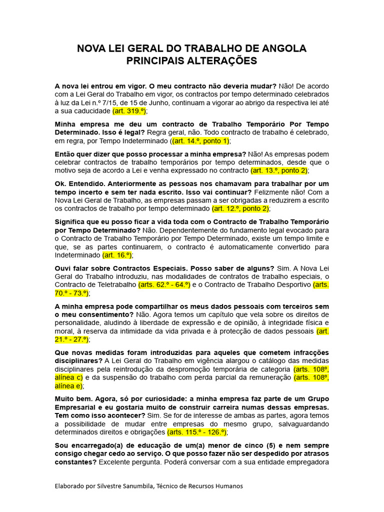 Principais Alterações na Lei do Trabalho Angola | PDF | Férias ...