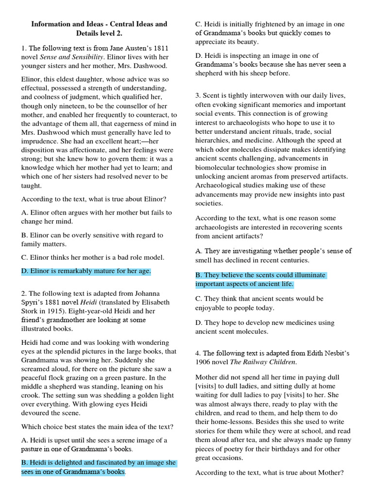 Central Ideas and Details Level 2 Practice | PDF | Odor | Textiles