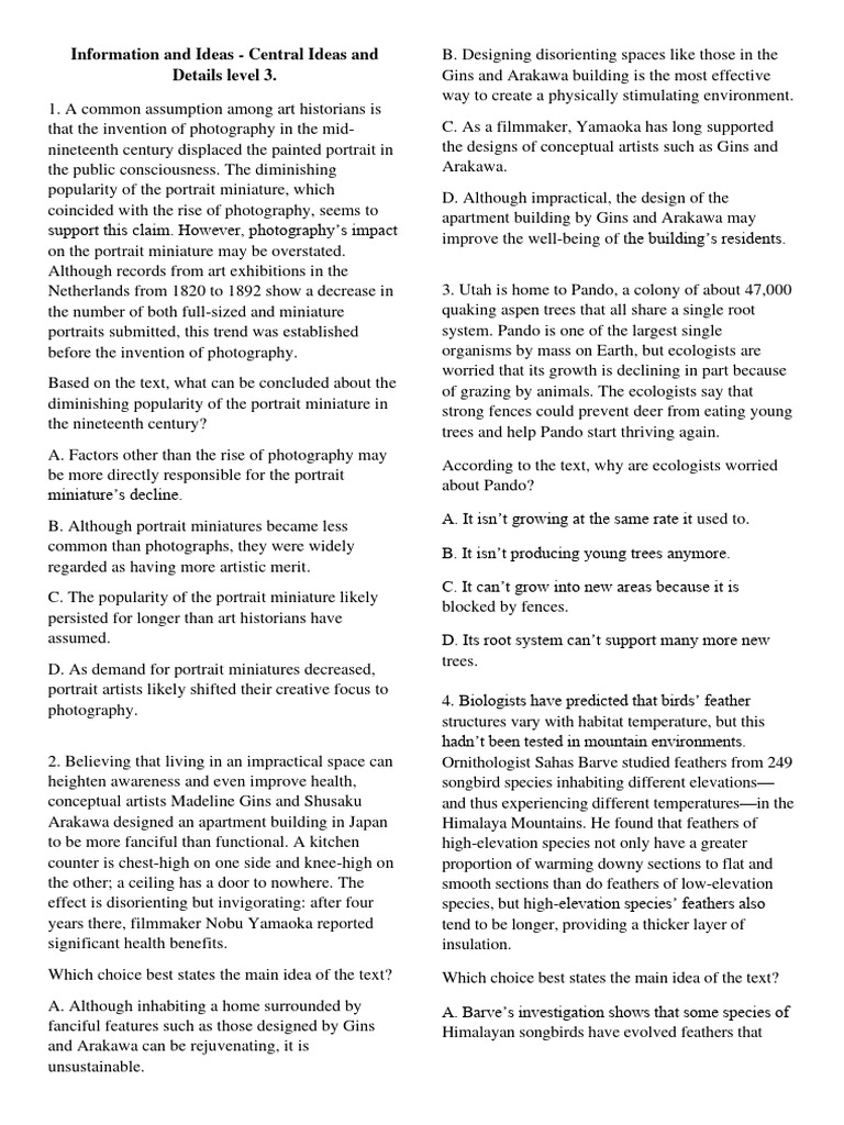Central Ideas and Details Level 3 Practice | PDF | Social Science ...