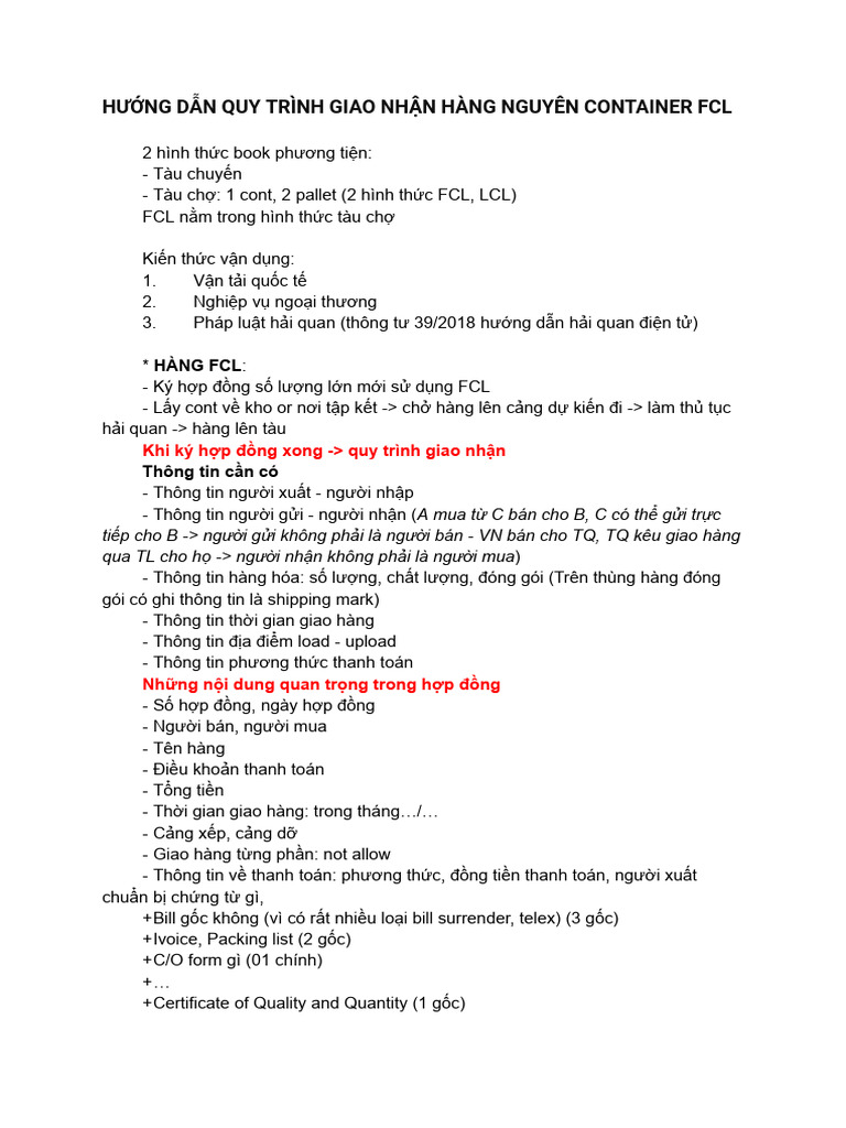 QUY TRÌNH GIAO NHẬN HÀNG FCL TRỰC TIẾP VỚI HÃNG TÀU | PDF