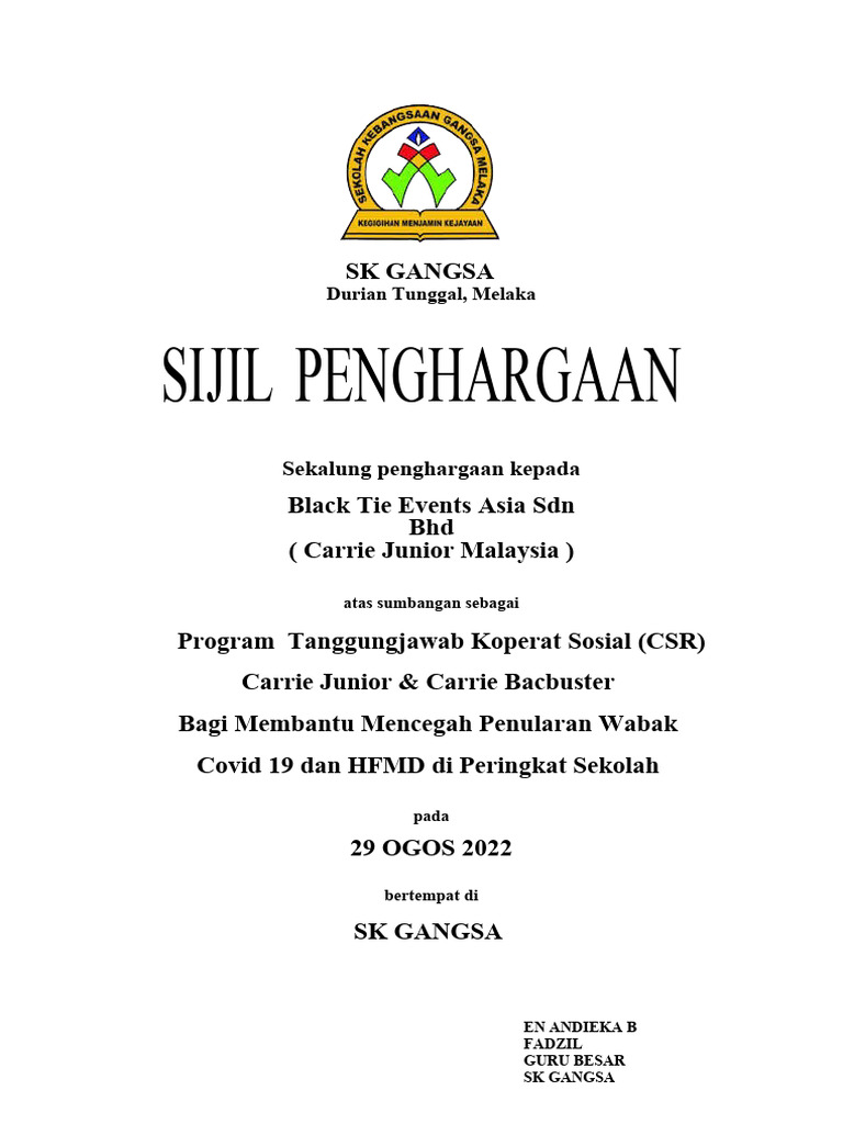 Sijil Penghargaan SK Gangsa 2022 | PDF